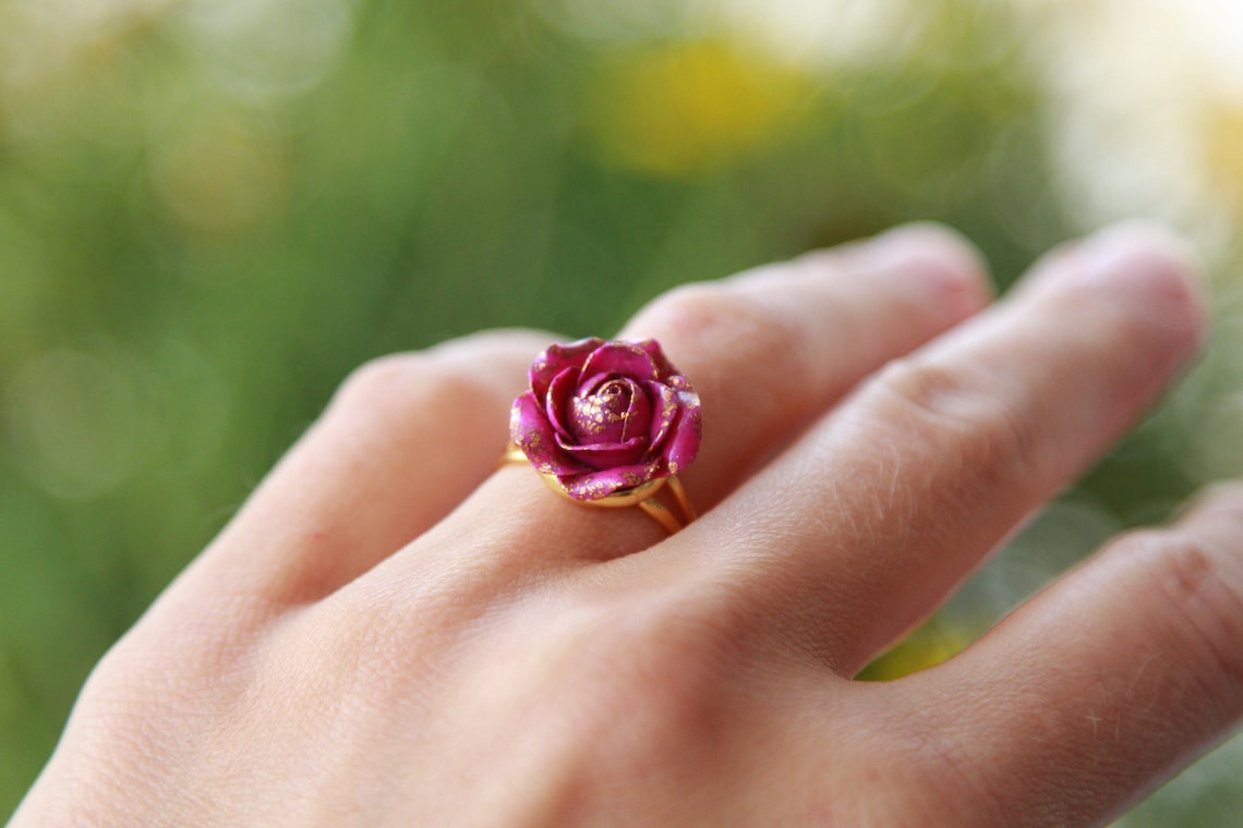 Fuchsia Ring/ Rose Ring/ Cocktail Ring Women/ Crimson Flower Rings ...