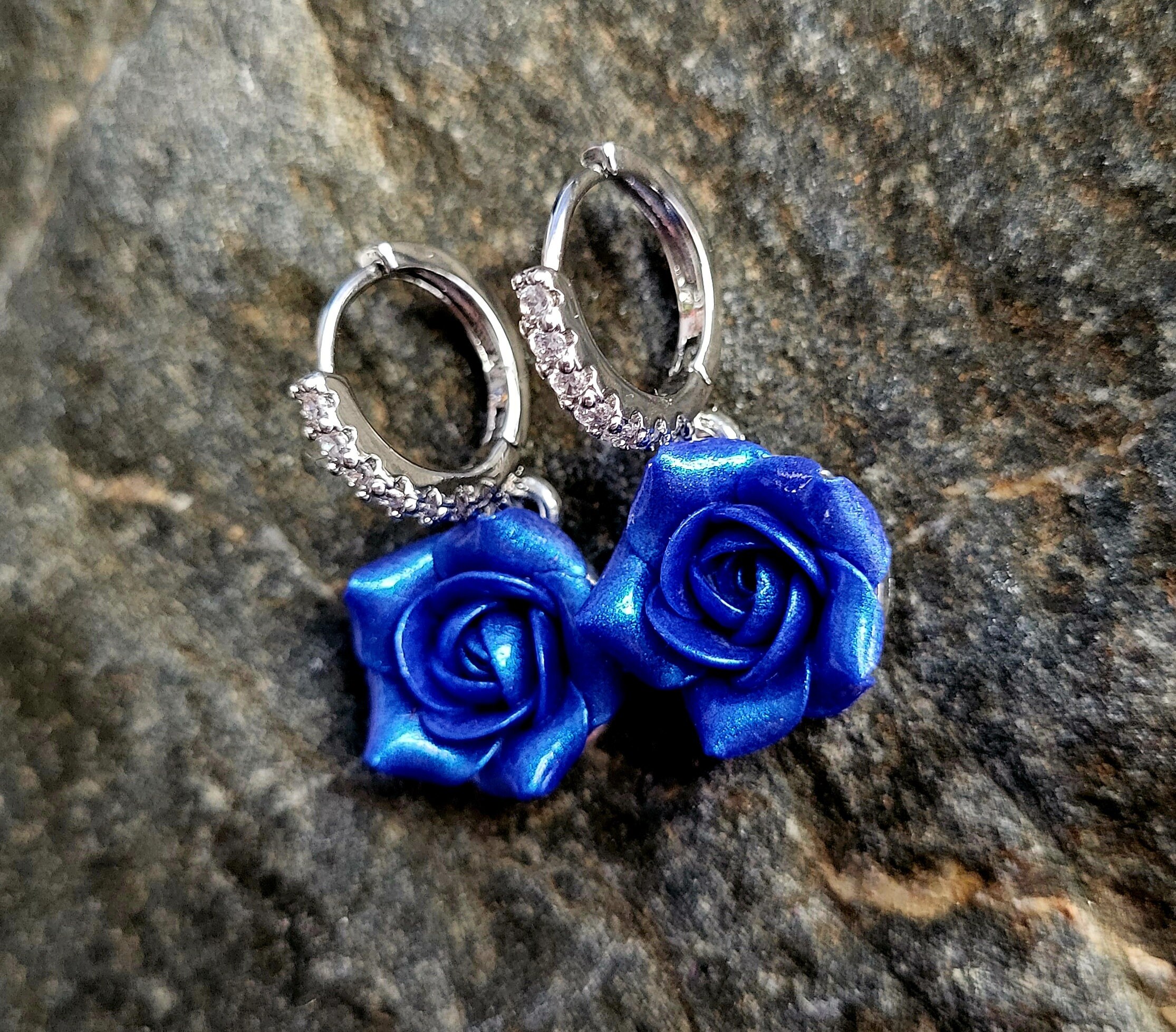 Blue Rose Earrings and Necklace Crystal and Blue Pearl Jewelry Set Rose ...