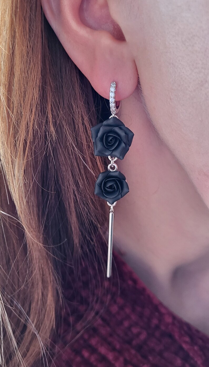 Black Earrings Dangle, Super Long Earrings Flower, Polymer Clay Floral ...