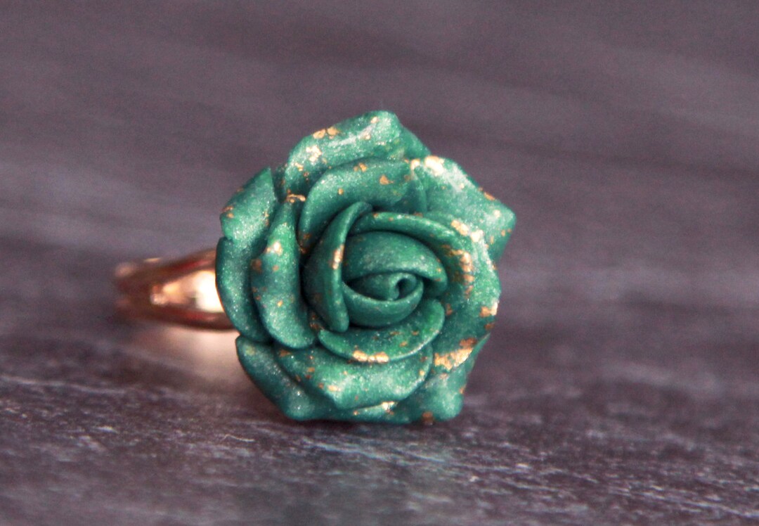 Green Rose Ring Polymer Clay Jewelry Pearl Rose Women Rings Floral Ring ...