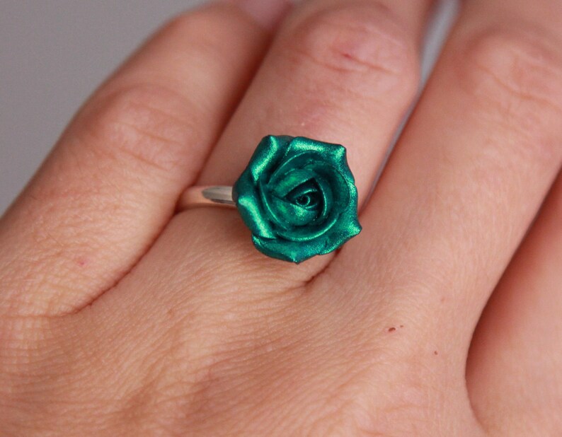 Sparkly Large Green Ring- Emerald Rose Rings Gold - Polymer Clay Flower ...