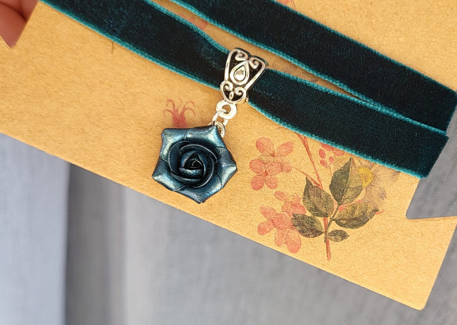 Dark Teal Velvet Choker, Powder Blue Polymer Clay Rose Pendant - Etsy