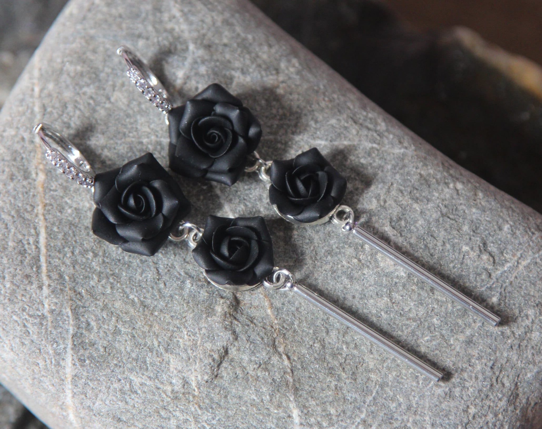 Black Earrings Dangle, Super Long Earrings Flower, Polymer Clay Floral ...