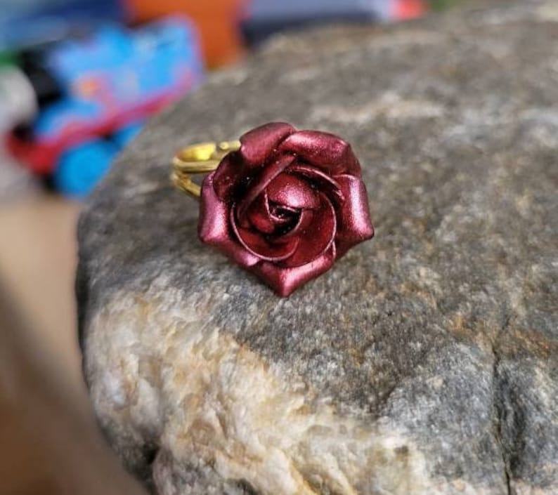 Dark Red Rose Ring - Red Flower Ring- Floral Jewellery- Burgundy Rose ...