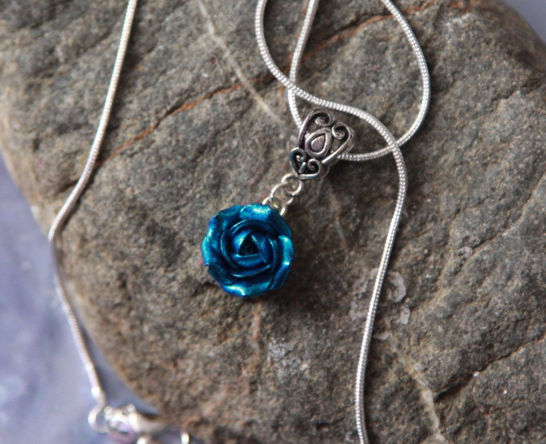 Blue Flower Necklace, Snake Chain Necklace With Charm, Blue Rose ...