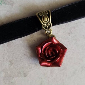Ruby Red Rose Choker, Velvet Choker Pendant, Red Flower Necklace ...