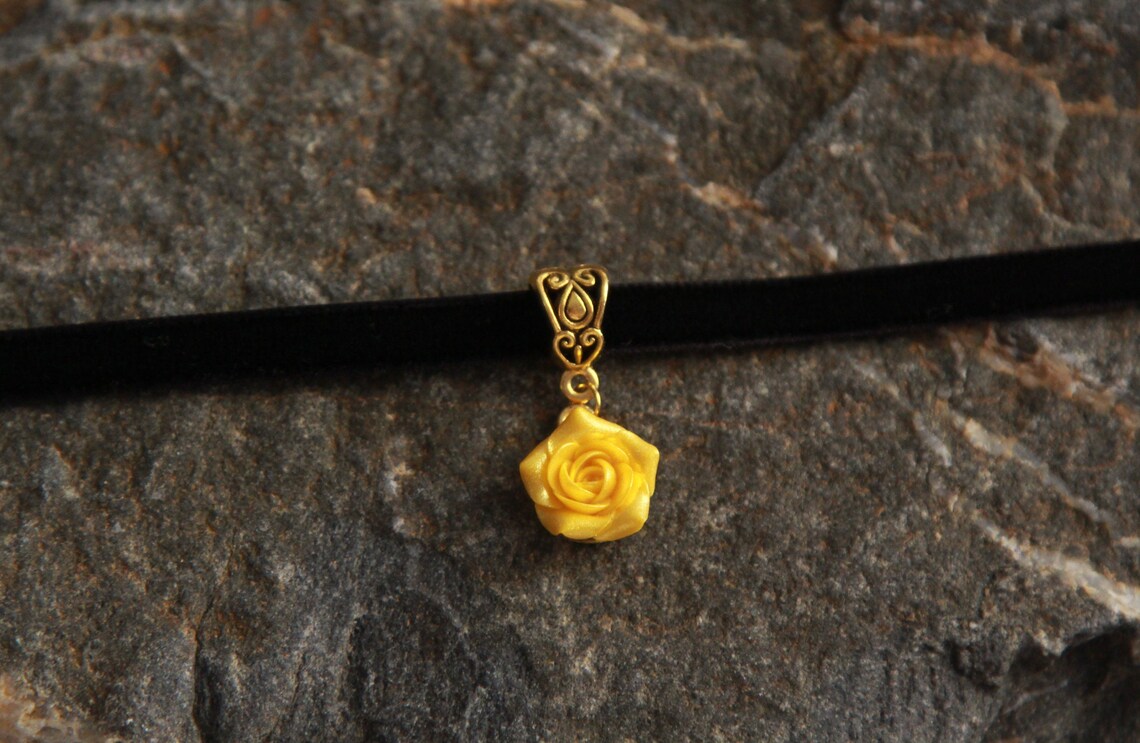 Yellow Rose Choker, Velvet Choker Pendant, Yellow Gold Flower Necklace ...