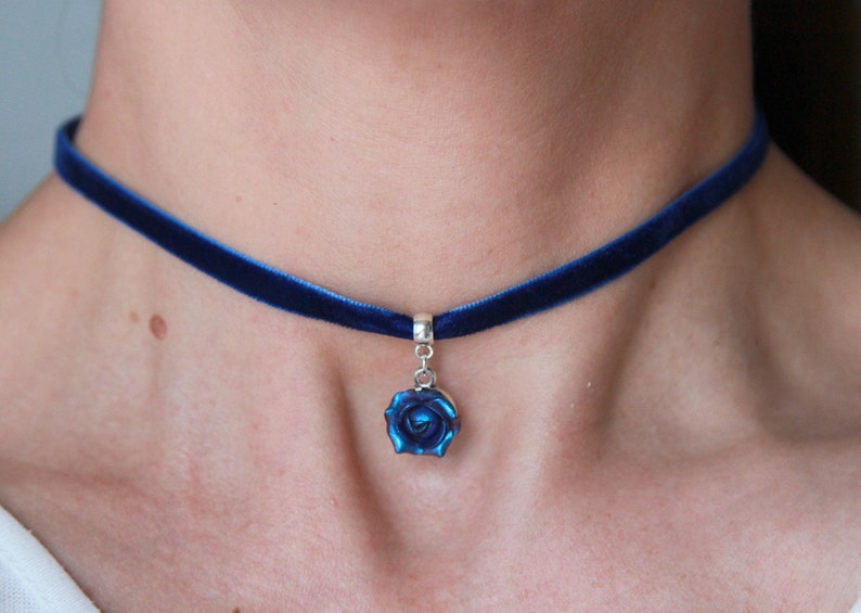 Navy Blue Velvet Choker Pendant Blue Rose Necklace Royal | Etsy