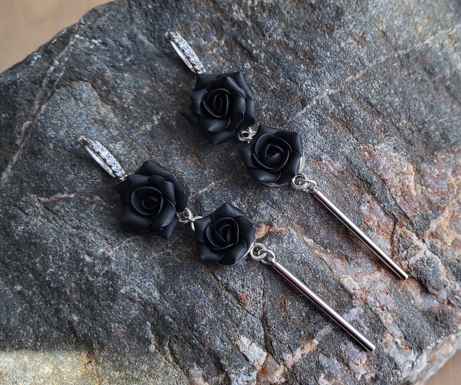Black Earrings Dangle, Super Long Earrings Flower, Polymer Clay Floral ...