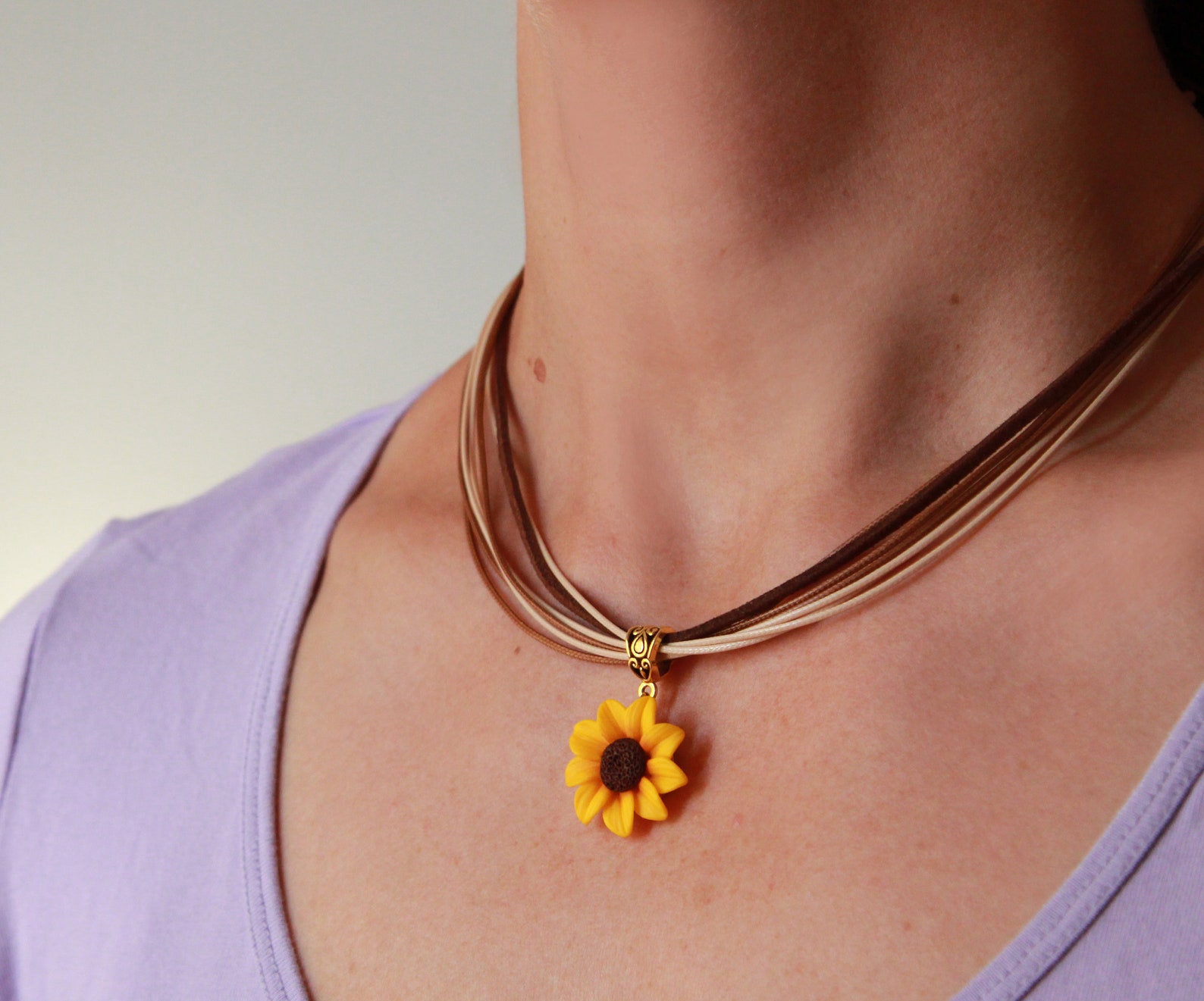 Sunflower Necklace, Yellow Flower Cord Necklace, Polymer Clay Floral ...