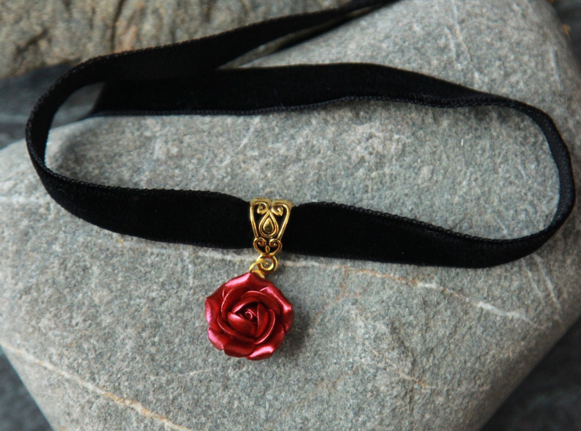 Ruby Red Rose Choker Velvet Choker Pendant Red Flower | Etsy