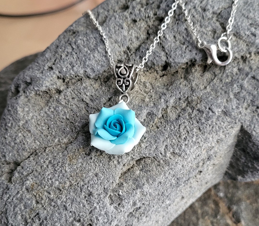 Light Blue Clay Rose Necklace, Polymer Clay Flower Choker Pendant - Etsy
