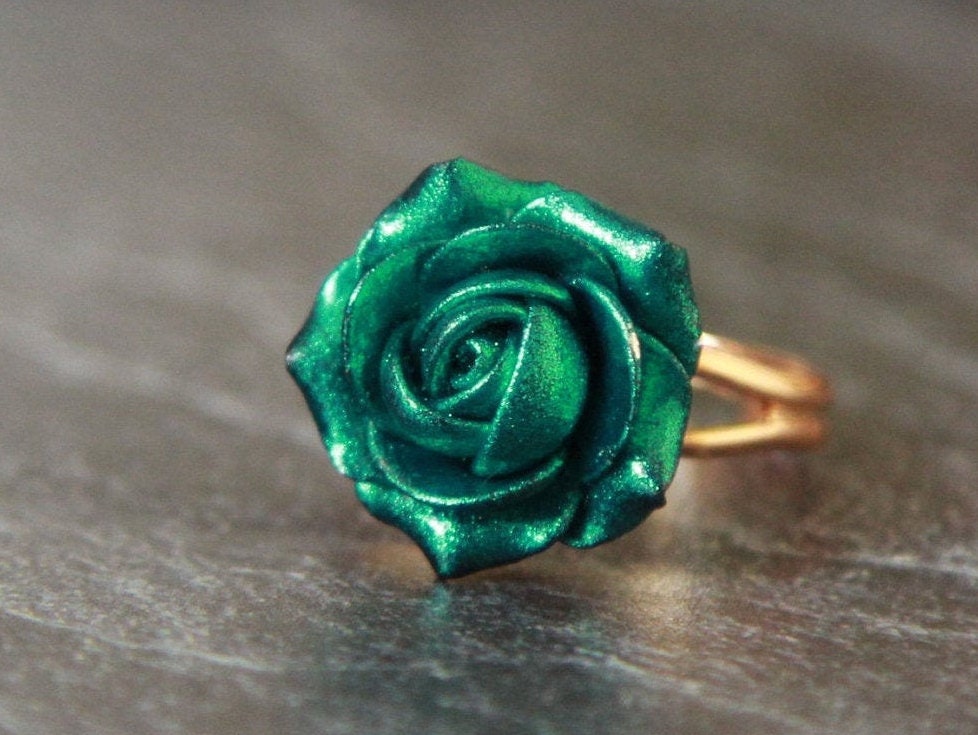 Sparkly Large Green Ring- Emerald Rose Rings Gold - Polymer Clay Flower ...