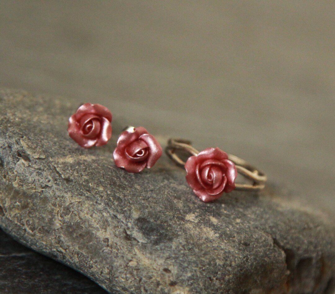Dusky Pink Jewellery, Tiny Rose Jewelry Set, Stud Earrings Flower, Old ...
