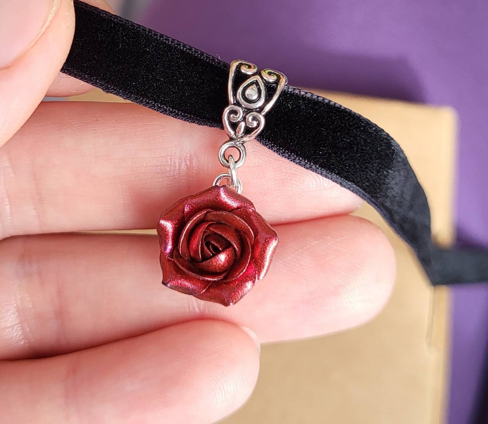 Ruby Red Rose Choker, Velvet Choker Pendant, Red Flower Necklace ...