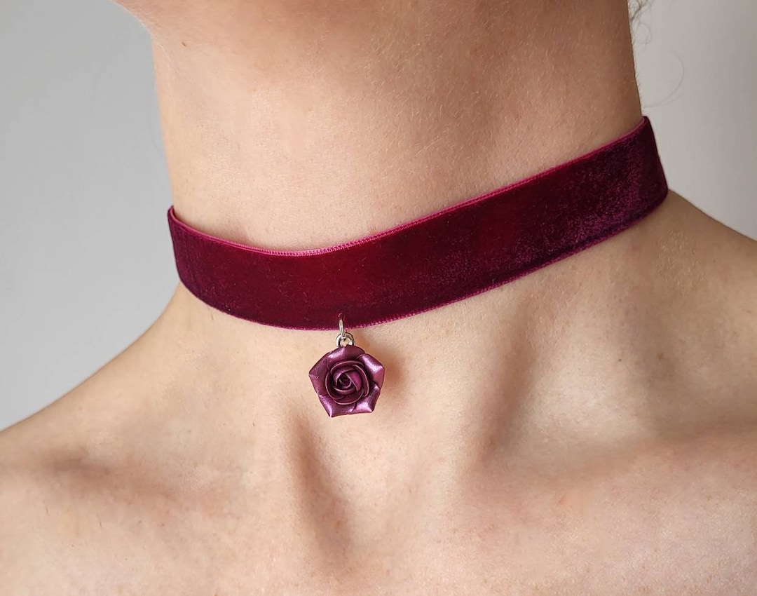 Rose Choker Necklace Wide Ribbon Choker With Charm Rose Flower Necklace ...