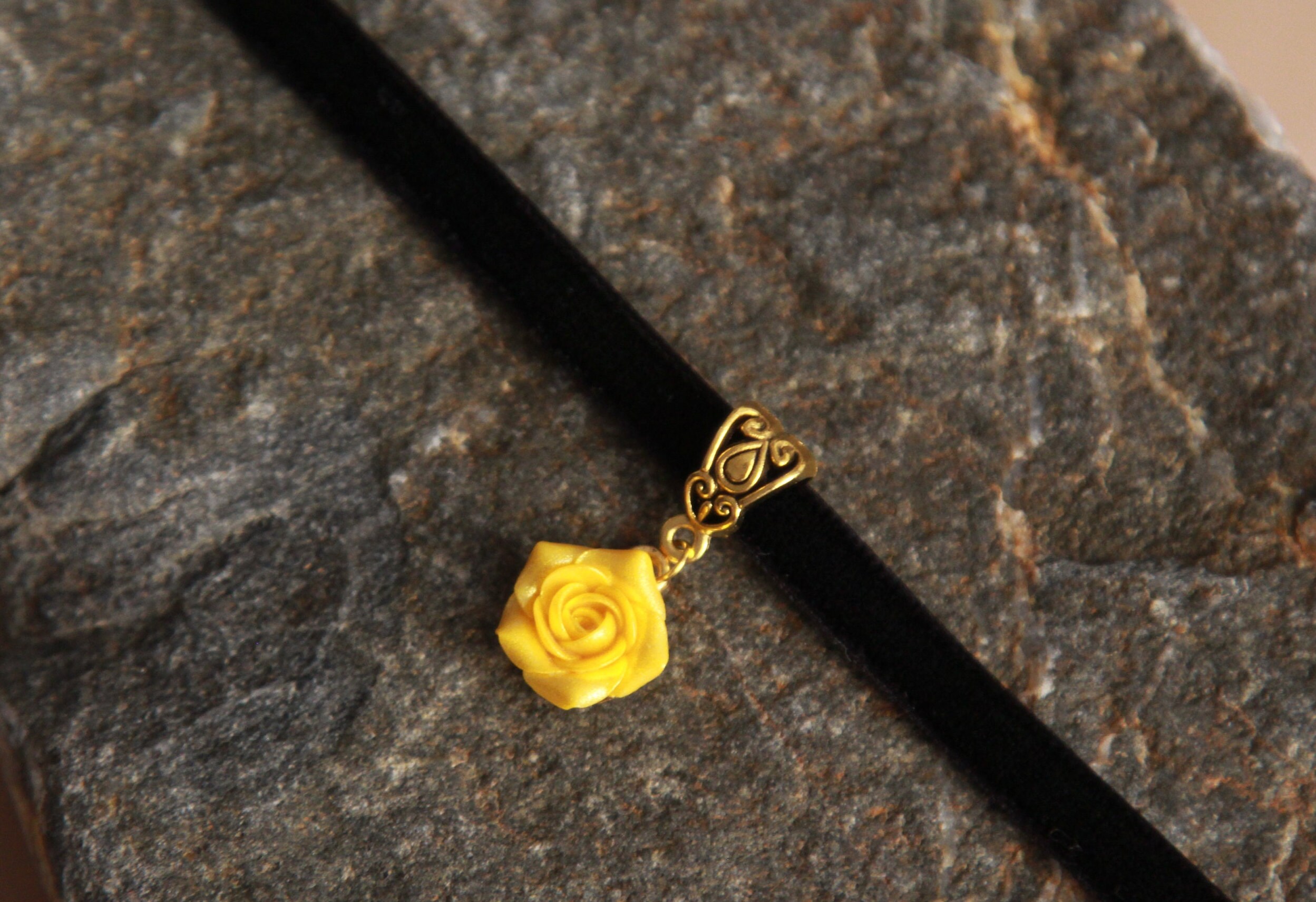 Yellow Rose Choker, Velvet Choker Pendant, Yellow Gold Flower Necklace ...