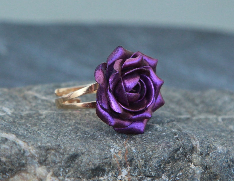Large Polymer Clay Rose Ring, Shimmering Purple Flower, Adjustable Band ...