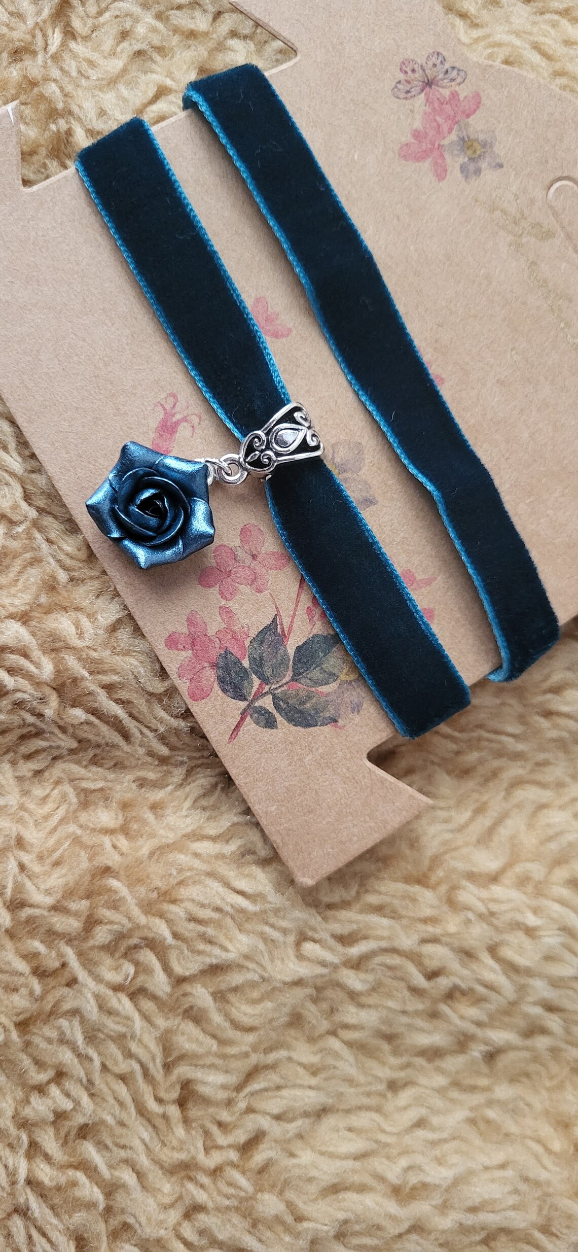 Dark Teal Velvet Choker, Powder Blue Polymer Clay Rose Pendant - Etsy