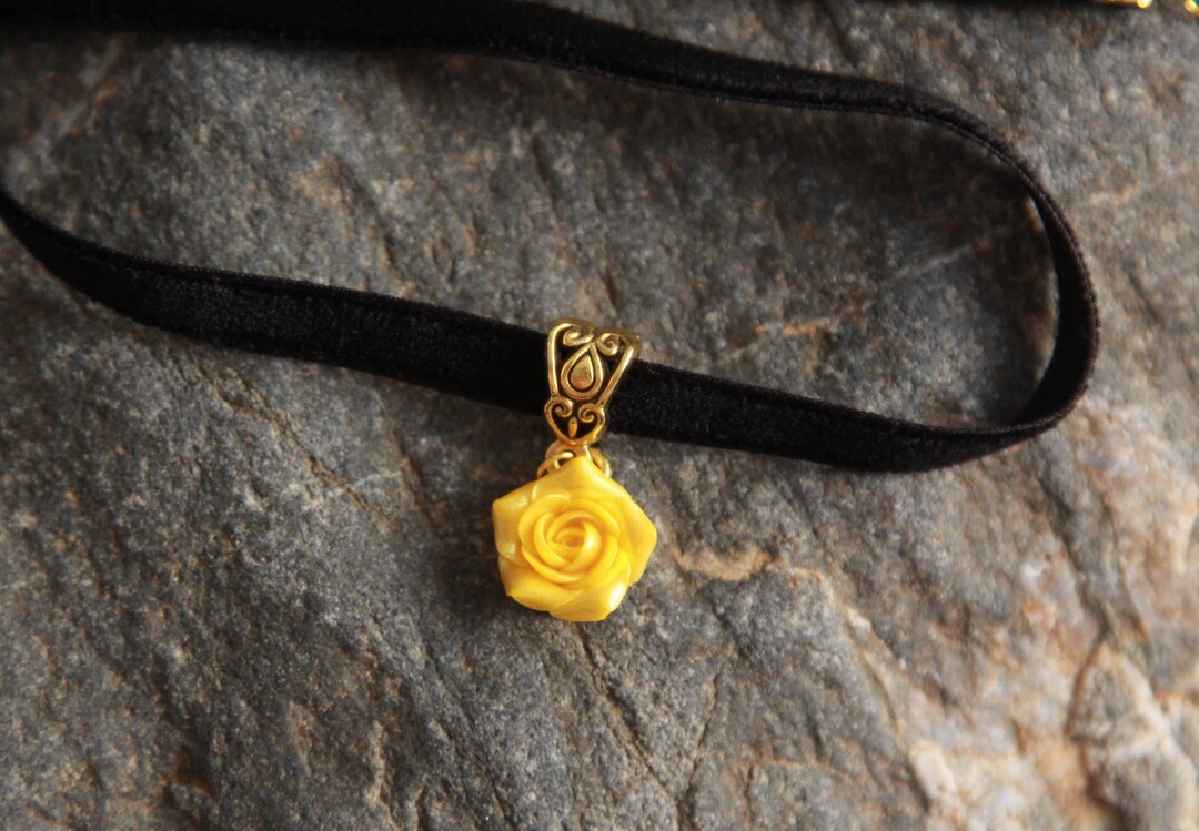 Yellow Rose Choker, Velvet Choker Pendant, Yellow Gold Flower Necklace ...