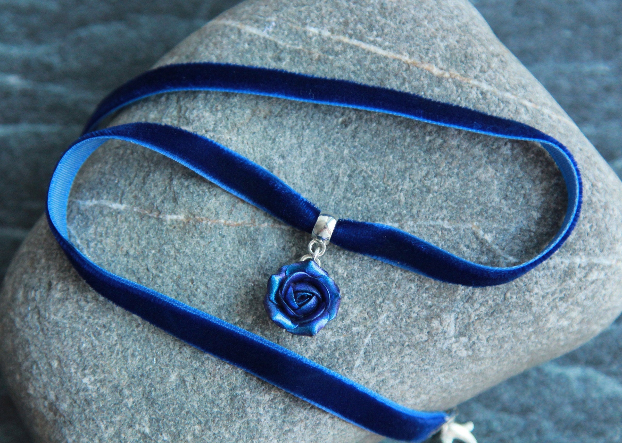 Navy Blue Velvet Choker Pendant Blue Rose Necklace Royal - Etsy