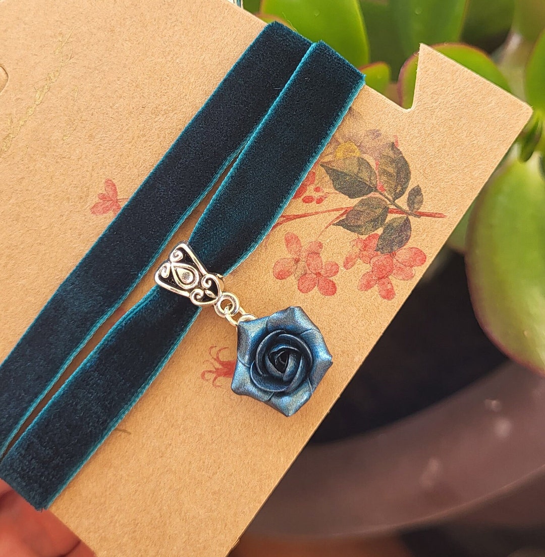 Dark Blue Green Velvet Choker, Rose Chokers, Flower Necklace Pendant ...