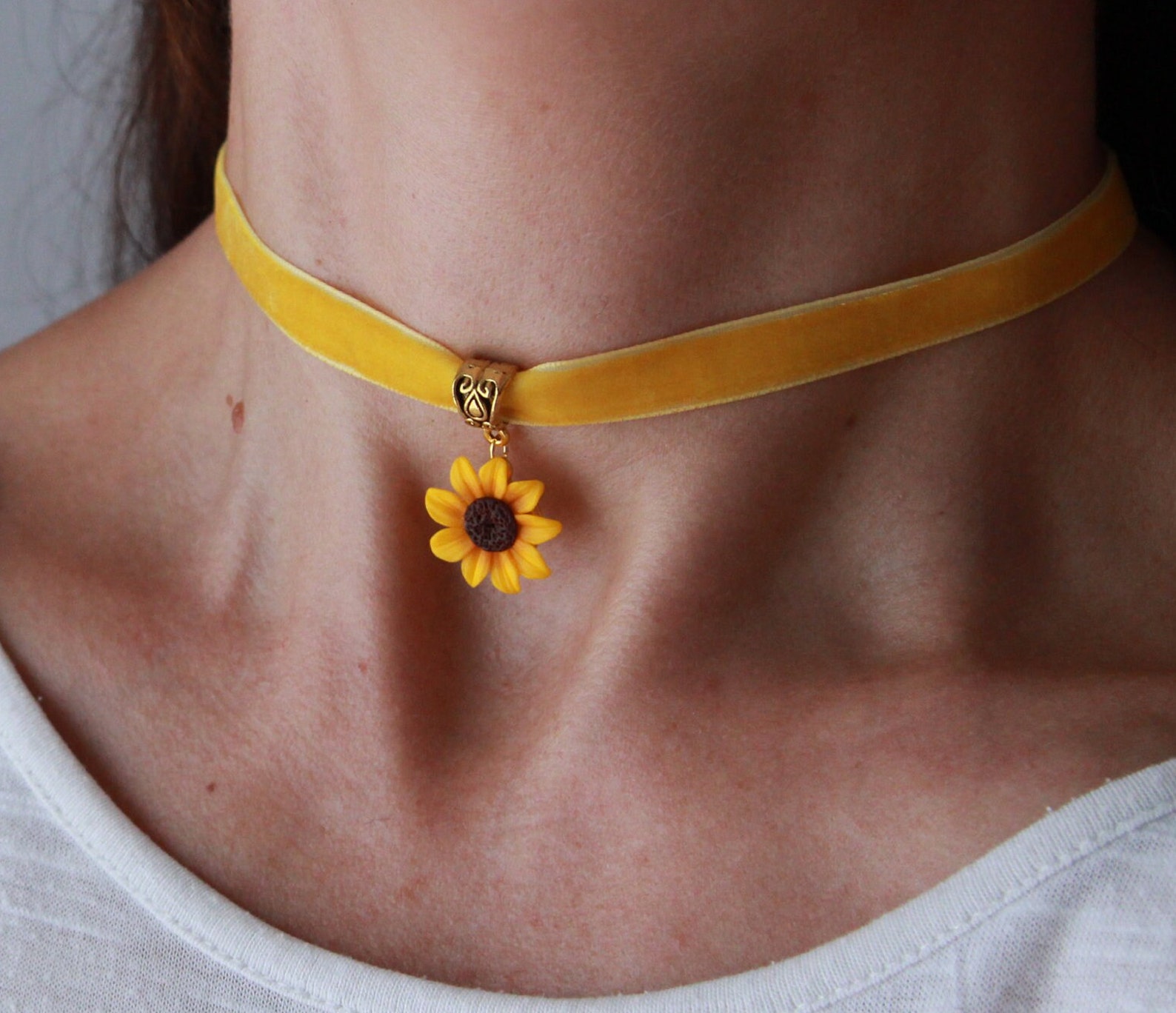 Sunflower Necklace Choker, Yellow Flower Necklace, Velvet Choker ...
