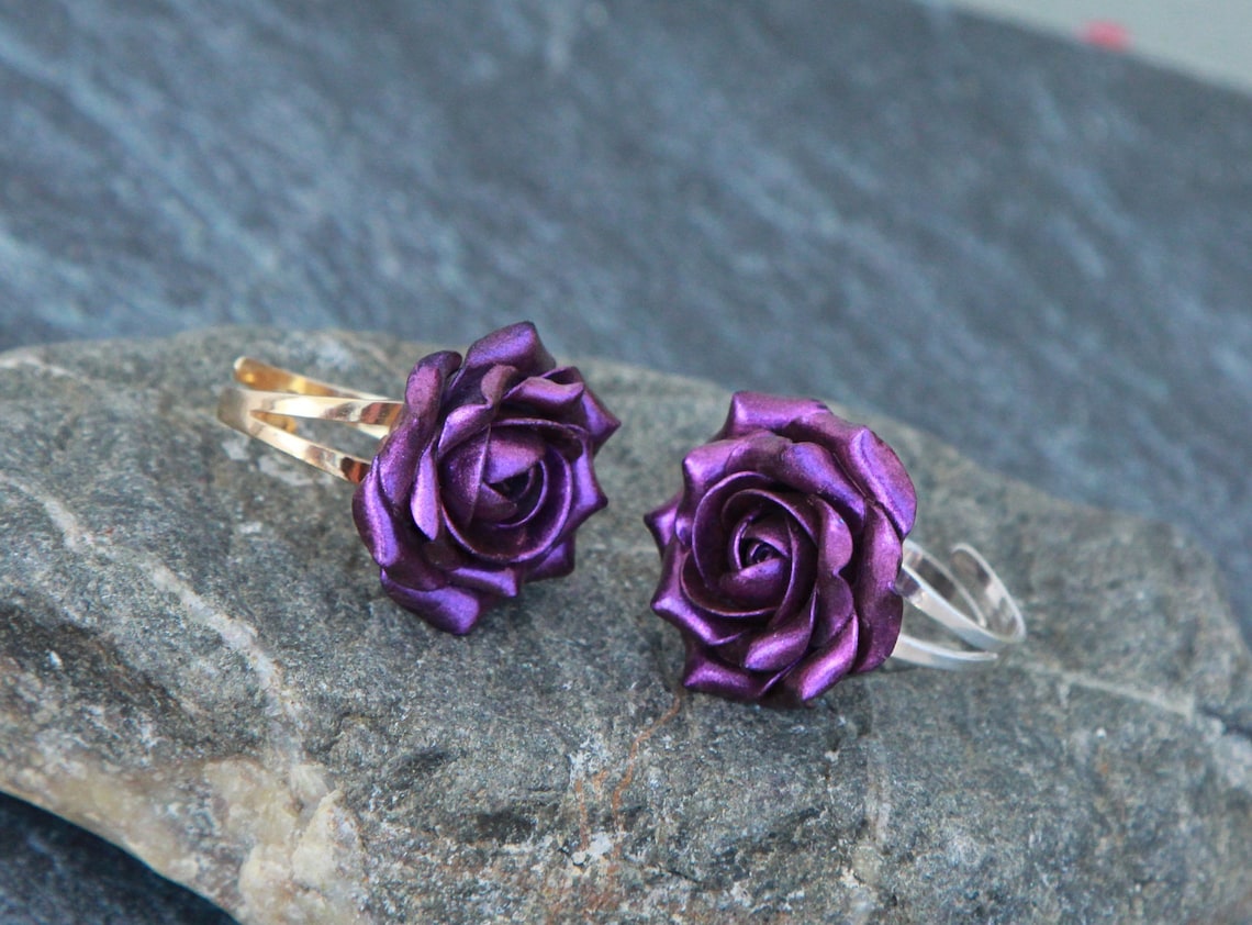 Large Rose Ring Purple Flower Ring Violet Flower Ring Polymer - Etsy