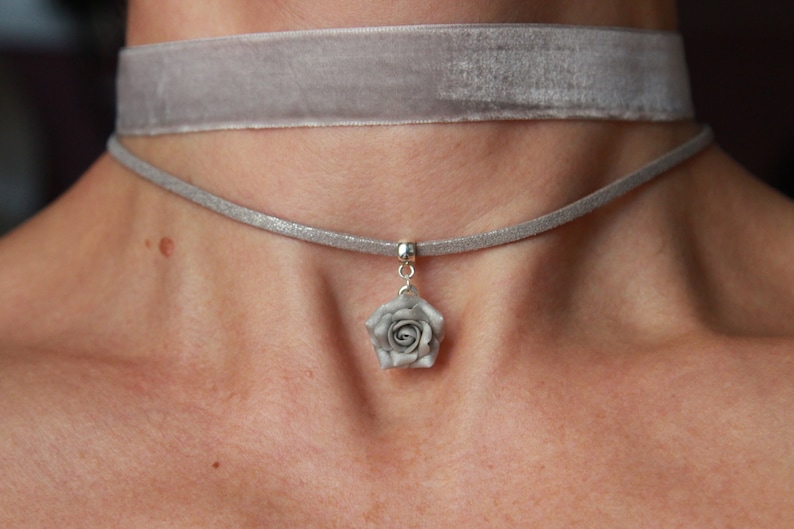 Velvet Choker – Beige Ribbon Necklace With Polymer Clay Rose - Etsy