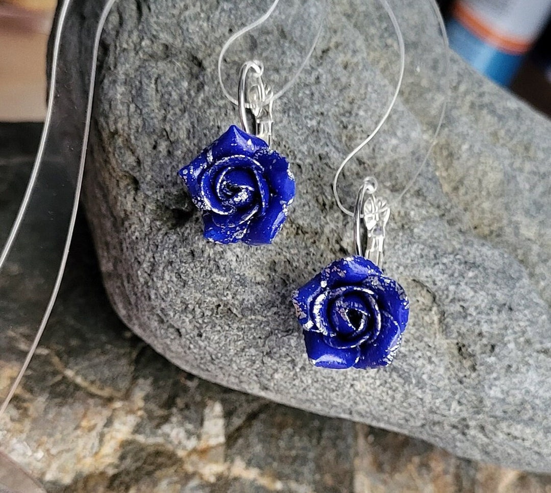 Royal Blue Rose Earrings, Polymer Clay Flower Jewelry, Dangle Drop ...