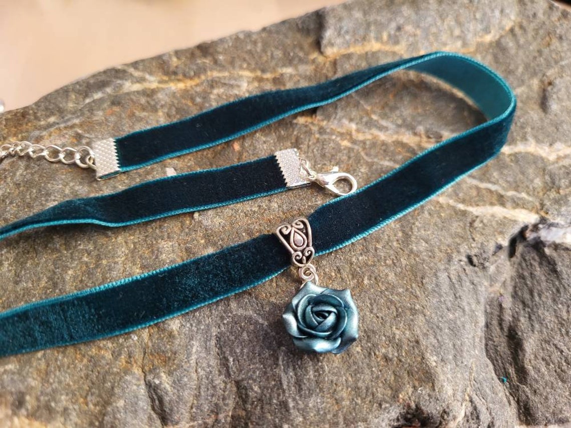 Dark Teal Velvet Choker, Powder Blue Polymer Clay Rose Pendant - Etsy