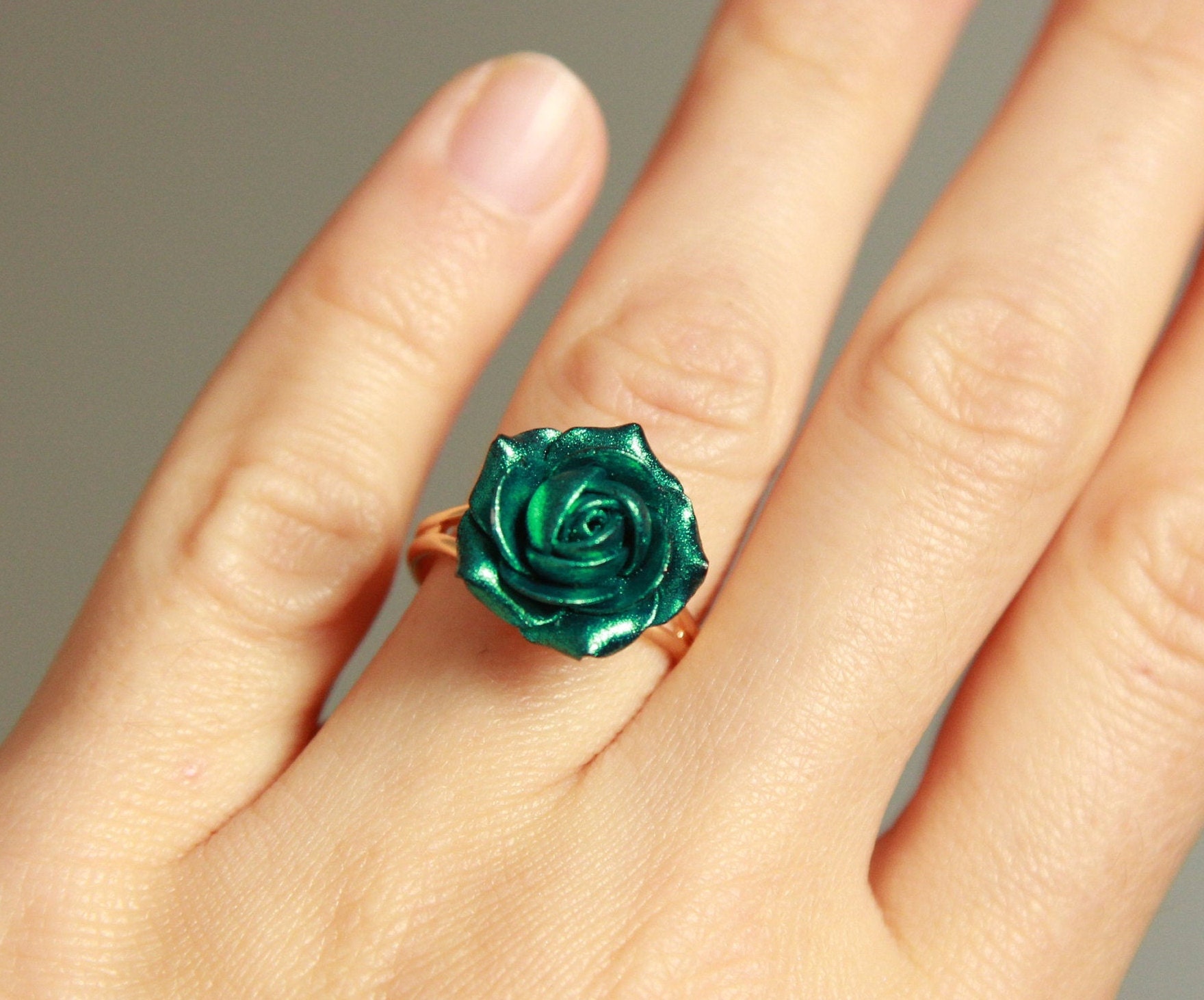 Sparkly Large Green Ring- Emerald Rose Rings Gold - Polymer Clay Flower ...
