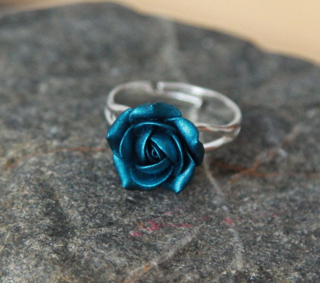Dark turquoise ring Polymer clay ring Rose ring Navy blue ring | Etsy