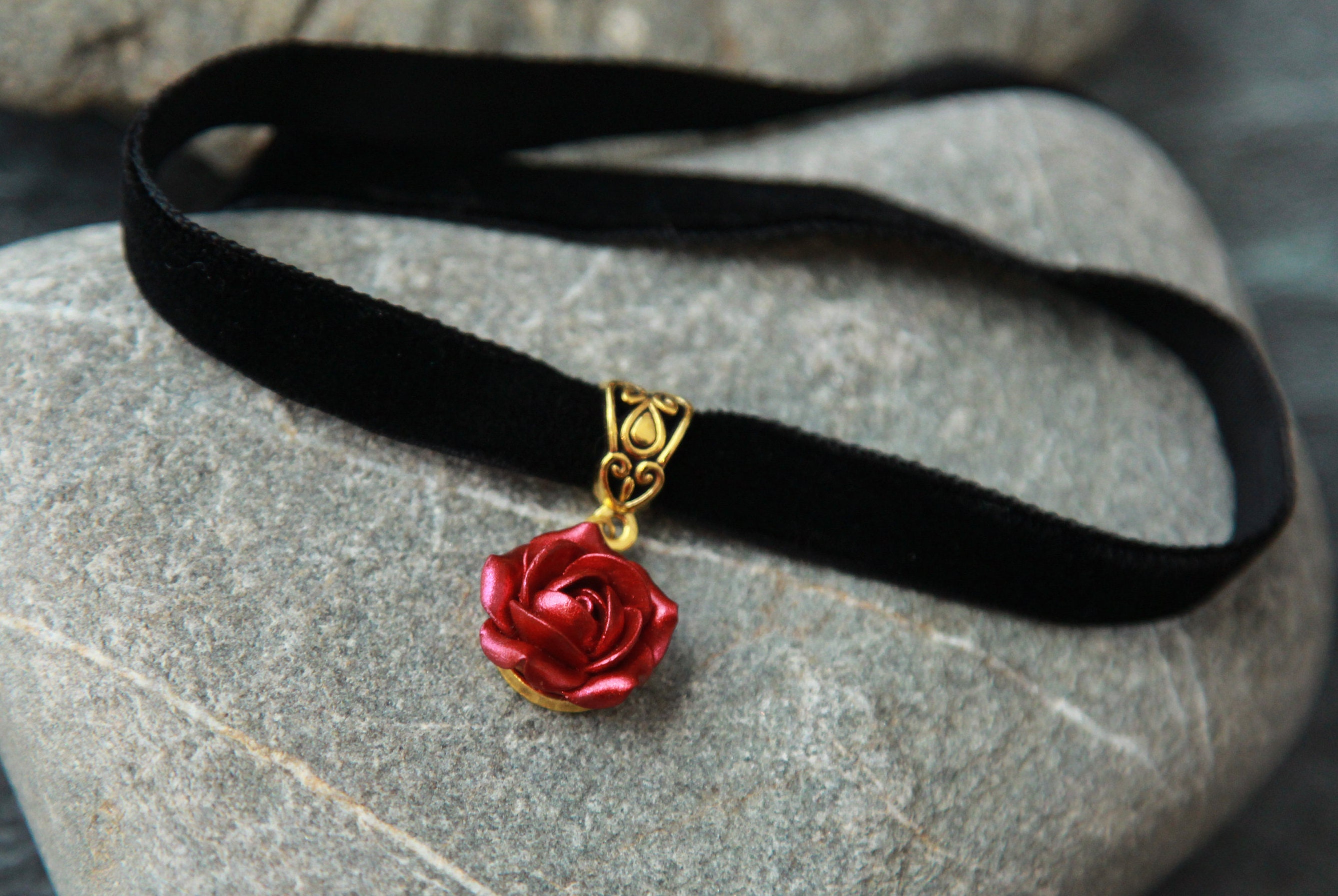 Ruby Red Rose Choker Velvet Choker Pendant Red Flower - Etsy
