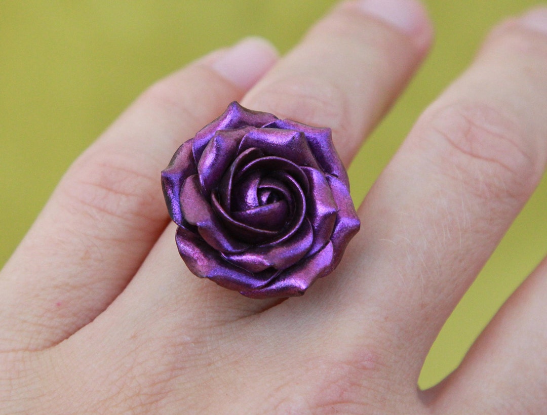 Large Polymer Clay Rose Ring, Shimmering Purple Flower, Adjustable Band ...