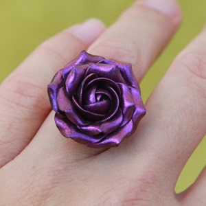 Large Polymer Clay Rose Ring, Shimmering Purple Flower, Adjustable Band ...