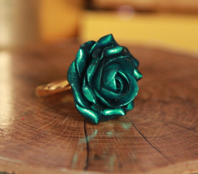 Sparkly Large Green Ring- Emerald Rose Rings Gold - Polymer Clay Flower ...