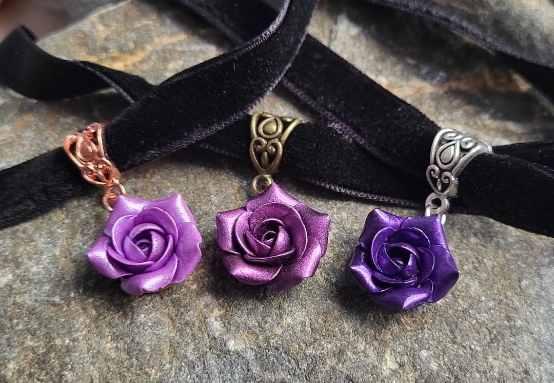 Purple Rose Choker Necklace, Black Velvet Choker Pendant, Charming ...
