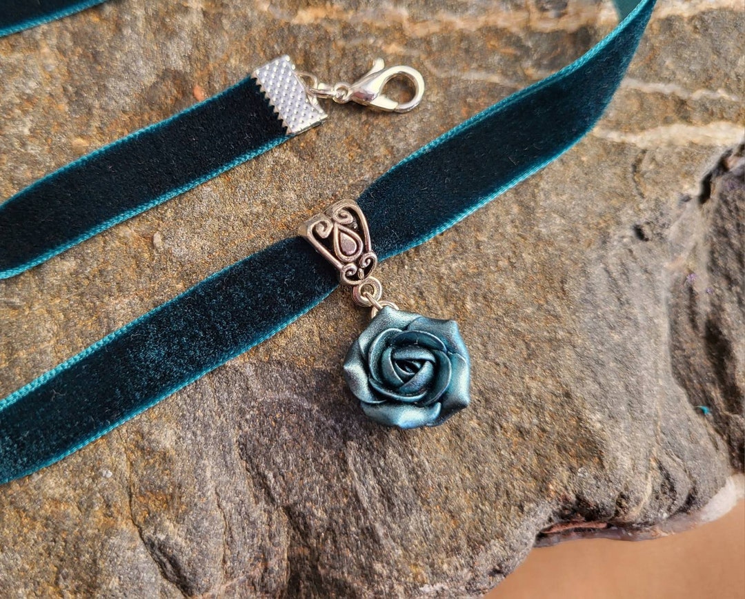 Dark Blue Green Velvet Choker Rose Chokers Flower Necklace - Etsy