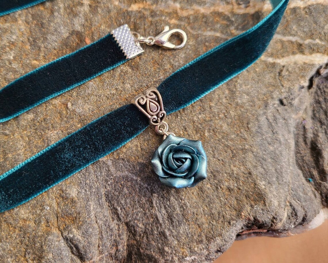 Dark Teal Velvet Choker, Powder Blue Polymer Clay Rose Pendant - Etsy