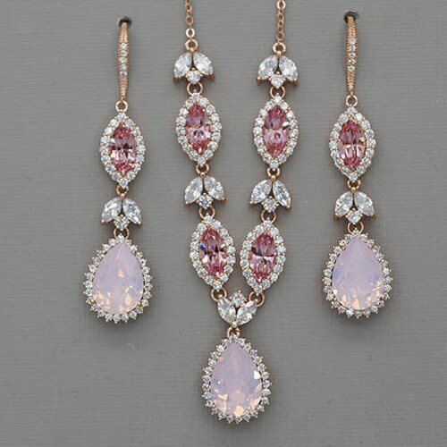 Pink Crystal Necklace Earrings Set Pink Bridal Jewelry - Etsy