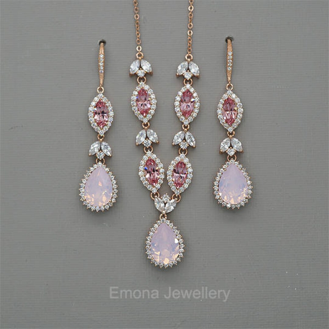 Pink Wedding Necklace and Earrings Set, Blush Backdrop Necklace, Bridal ...