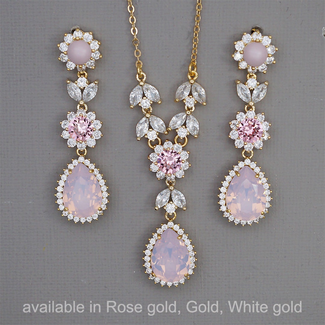 Pink Crystal Necklace Earrings Set, Pink Bridal Jewelry, Swarovski ...