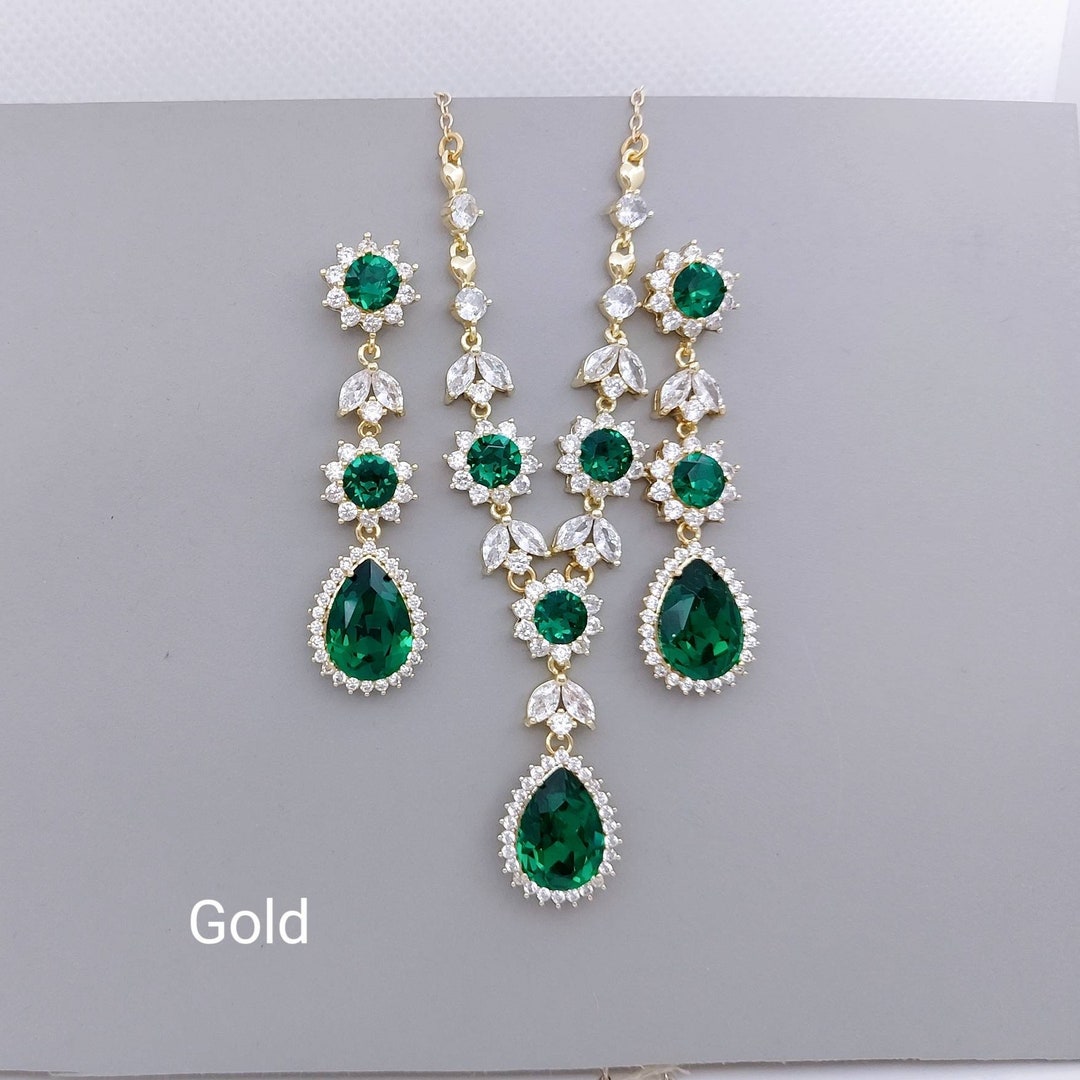 Emerald Jewelry Set, Emerald Necklace Earrings Set, Backdrop Necklace ...