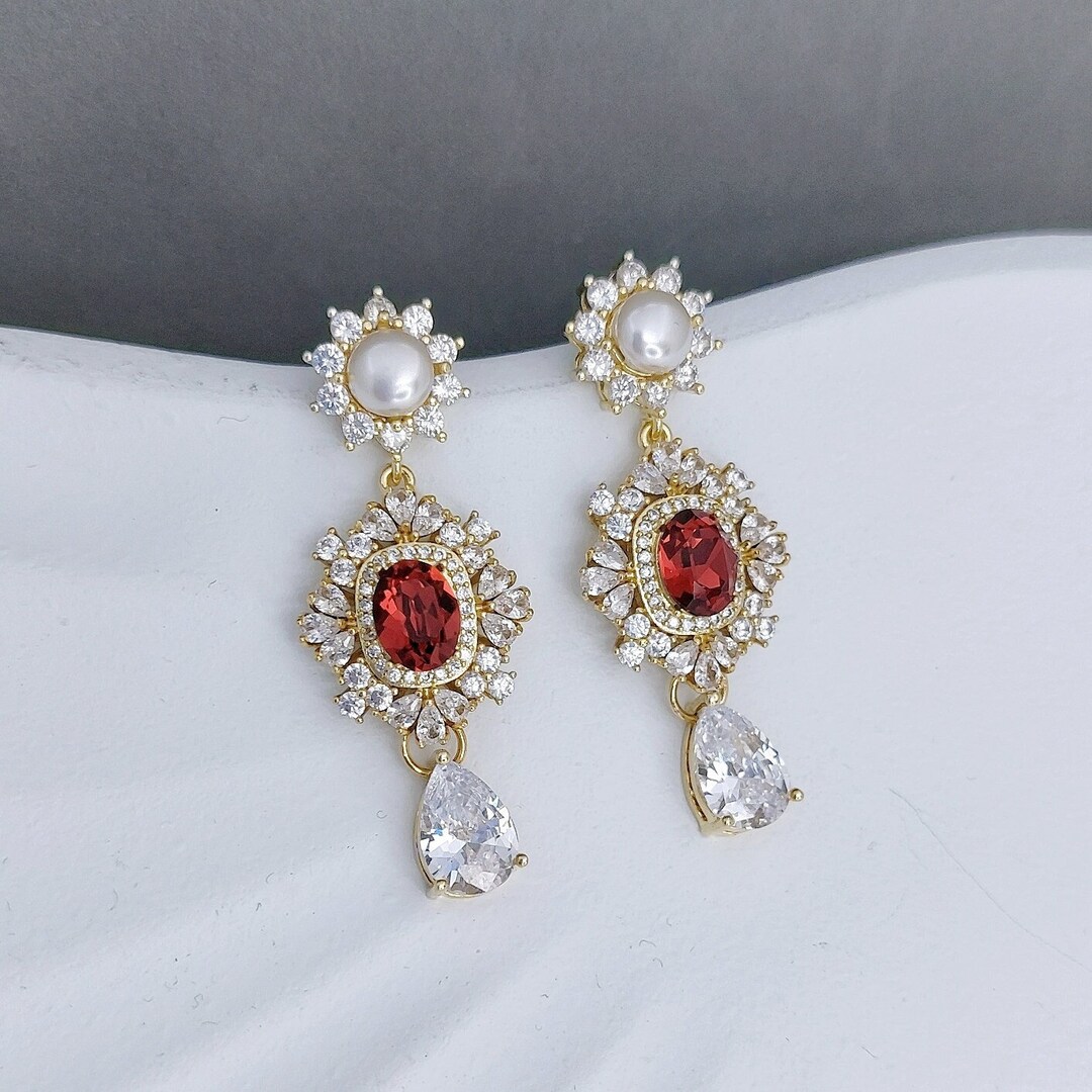 Swarovski Ruby Earrings, Gold Wedding Jewelry, Ruby and Pearl Wedding ...