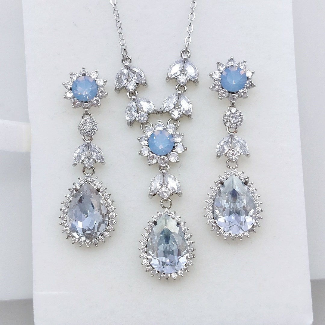 Dusty Blue Earrings Backdrop Necklace Jewelry Set Swarovski Crystal ...