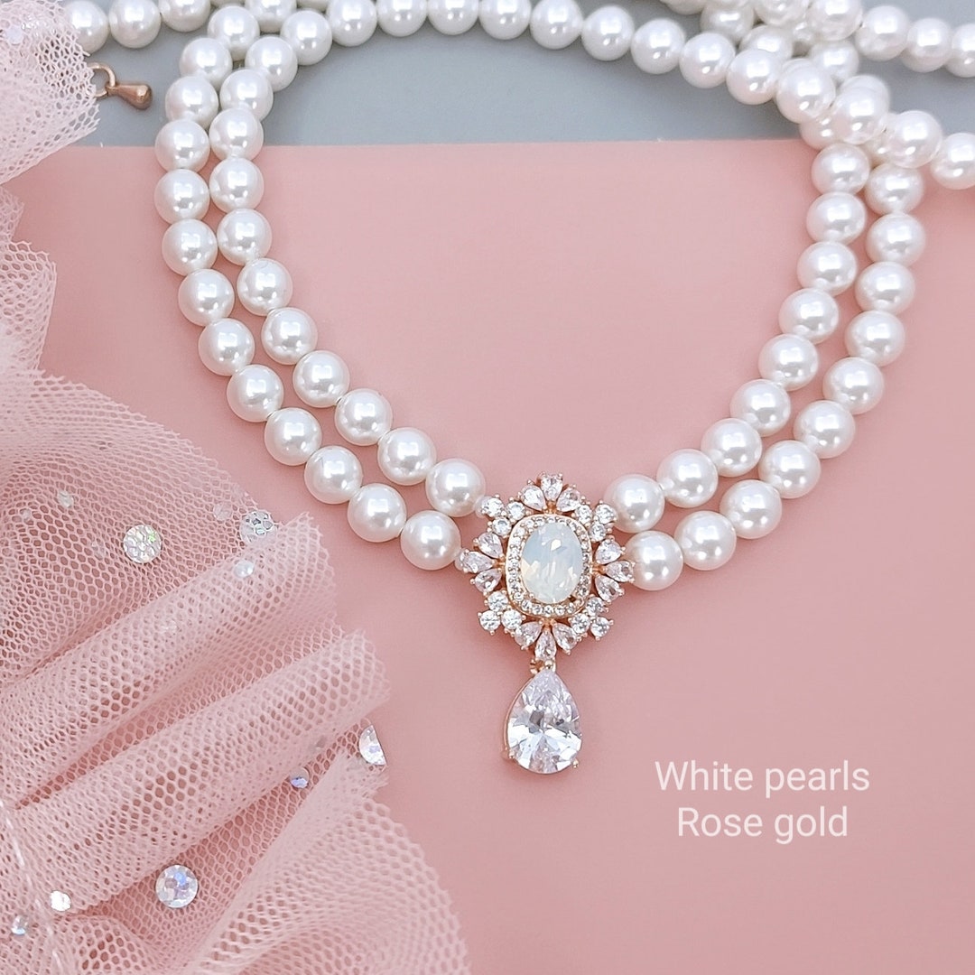 Rose Gold Pearl Necklace Wedding Pearl Choker Necklace Multi Strand ...