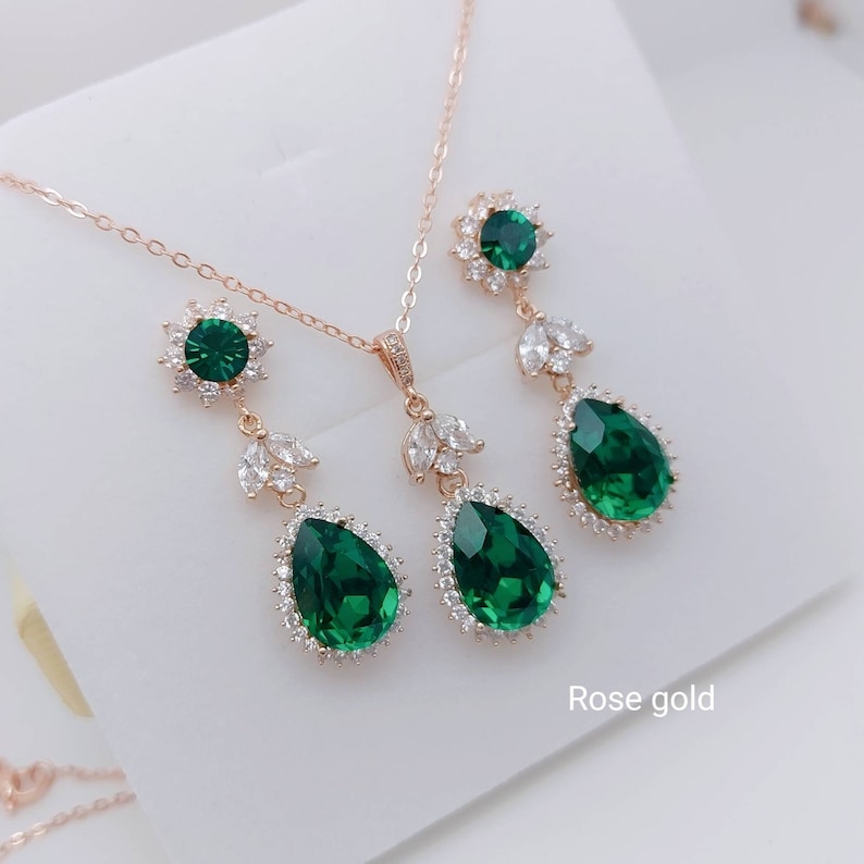 Emerald Jewelry Set Green Bridal Jewelry Sets Rose Gold Wedding Jewelry ...