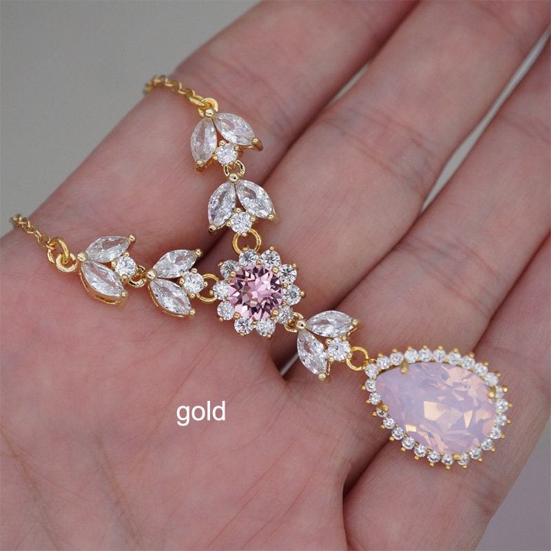 Pink Crystal Necklace Earrings Set Pink Bridal Jewelry - Etsy