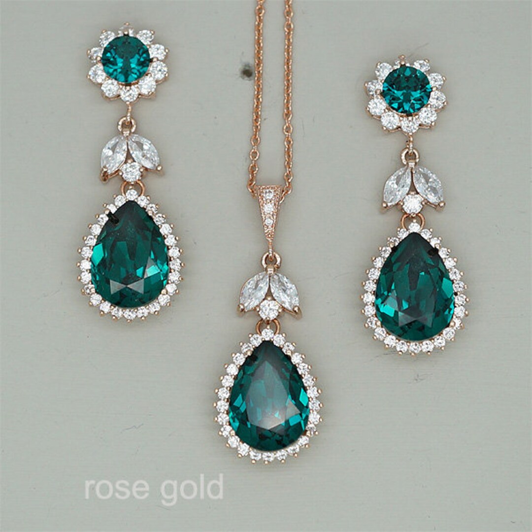 Emerald Jewelry Set Green Bridal Jewelry Sets Rose Gold Wedding Jewelry ...